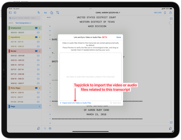 How do I sync a transcript with the video of a deposition and edit clips?
