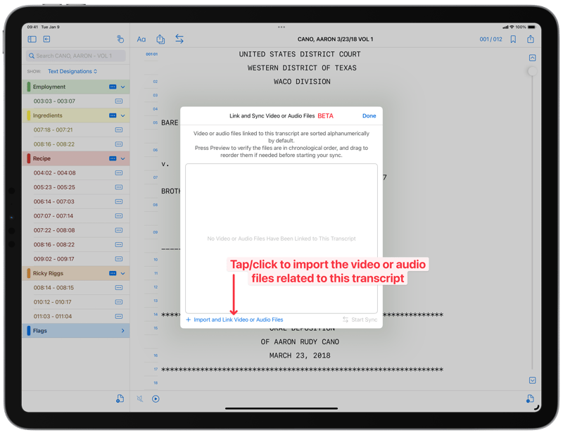 How do I sync a transcript with the video of a deposition and edit clips?
