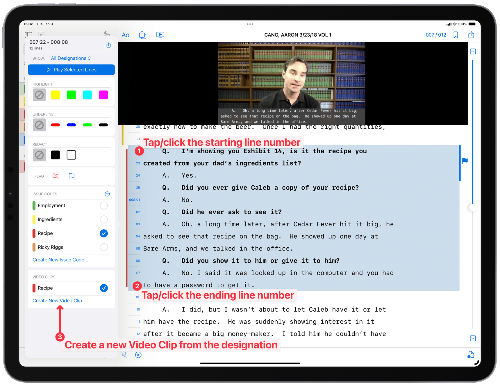 How do I sync a transcript with the video of a deposition and edit clips?
