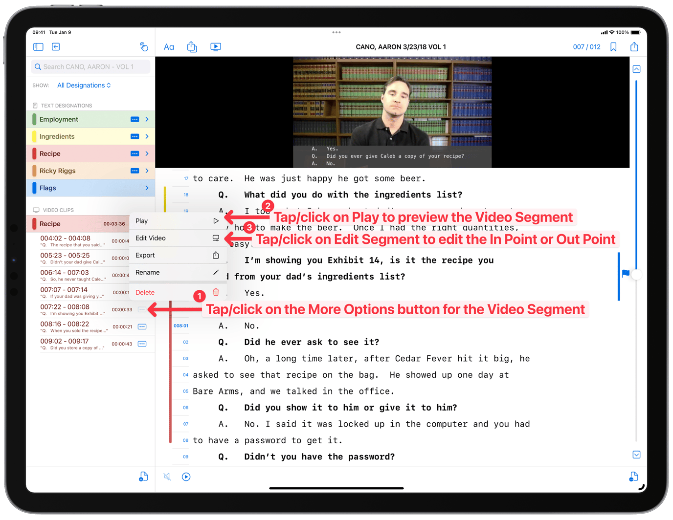 How do I sync a transcript with the video of a deposition and edit clips?