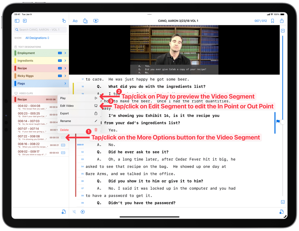 How do I sync a transcript with the video of a deposition and edit clips?