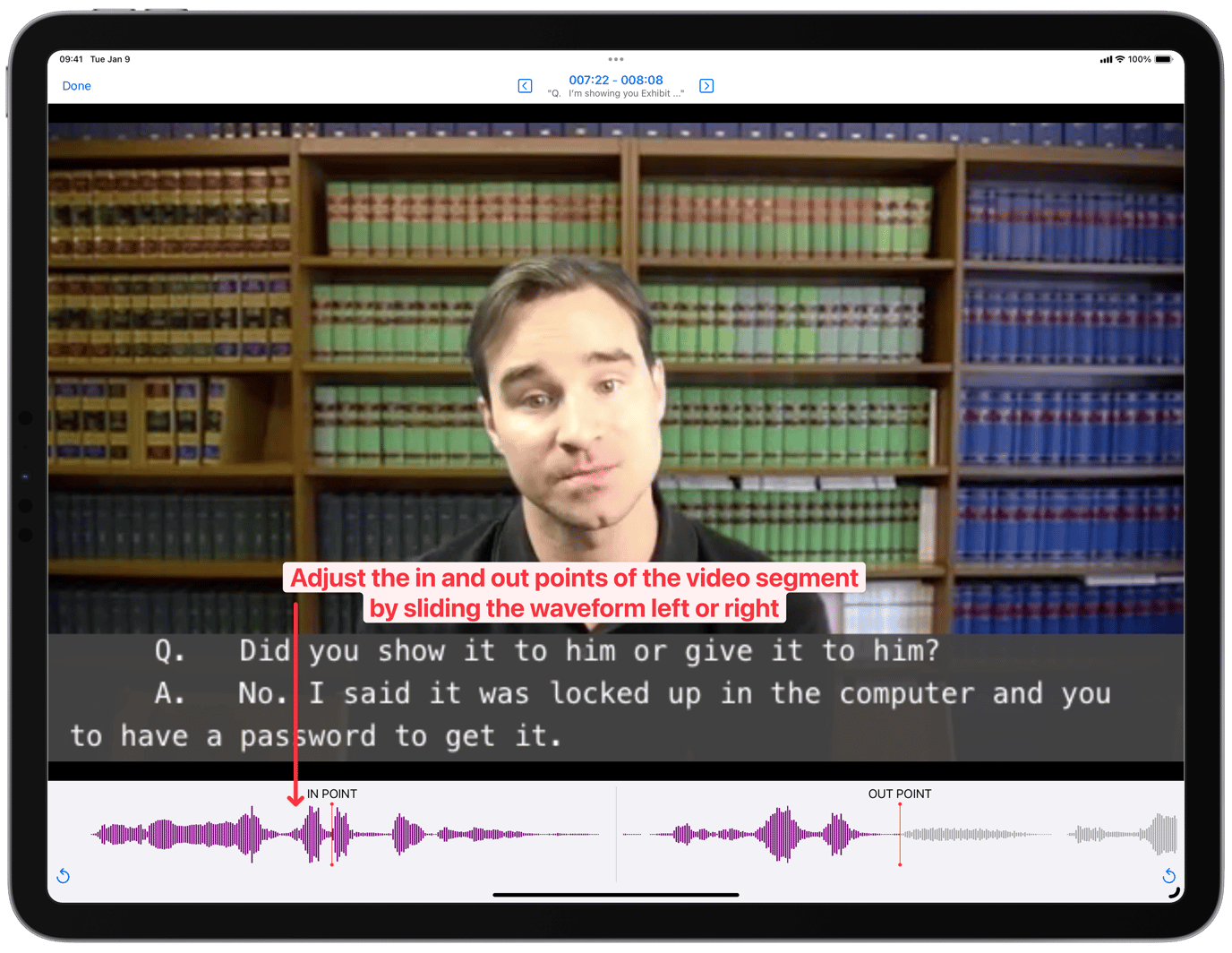 How do I sync a transcript with the video of a deposition and edit clips?