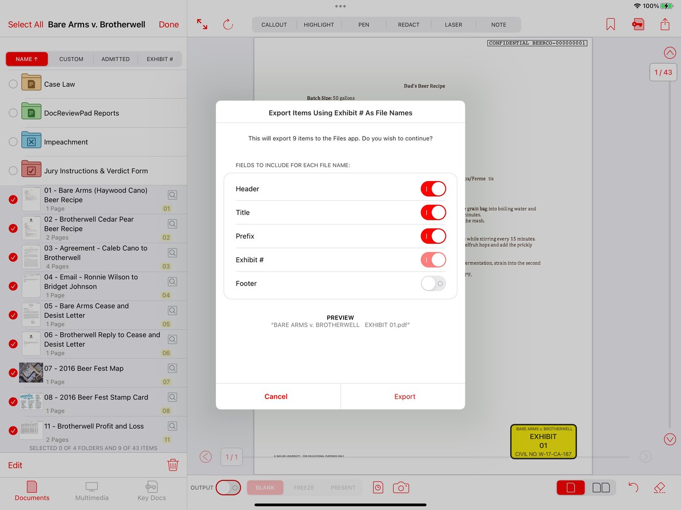 How do I export files from TrialPad using the exhibit numbers or ...